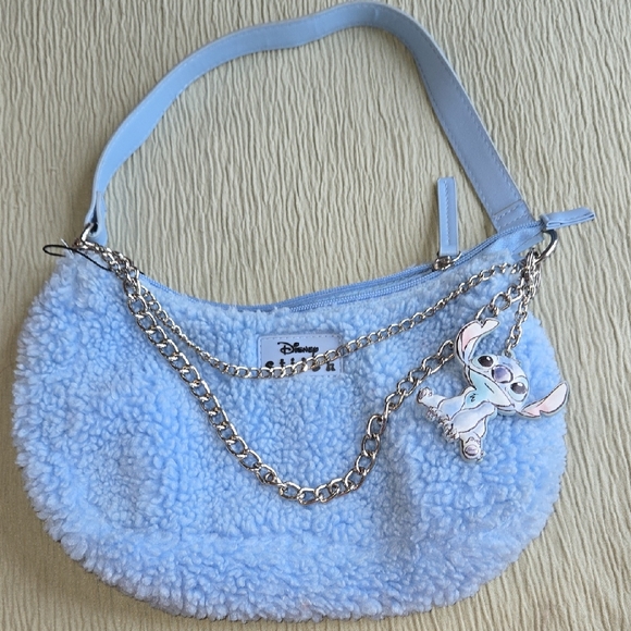 Disney | Other | Stitch Disney Blue Fuzzy Bag With Silver Chain | Poshmark